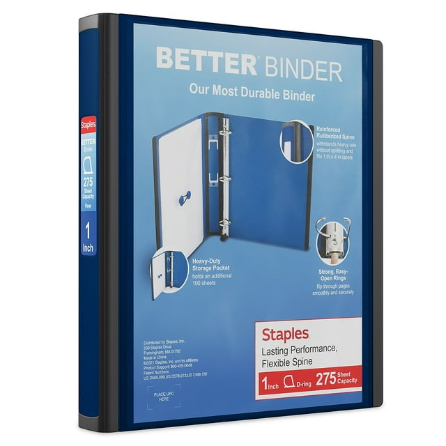 Staples Better 1" D-Ring View Binder, Blue, 275-Sheet Capacity ...