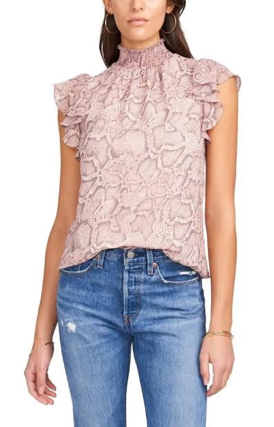 1.State Flutter Sleeve Smock Mock Neck Blouse, Silky Snake, Medium ...