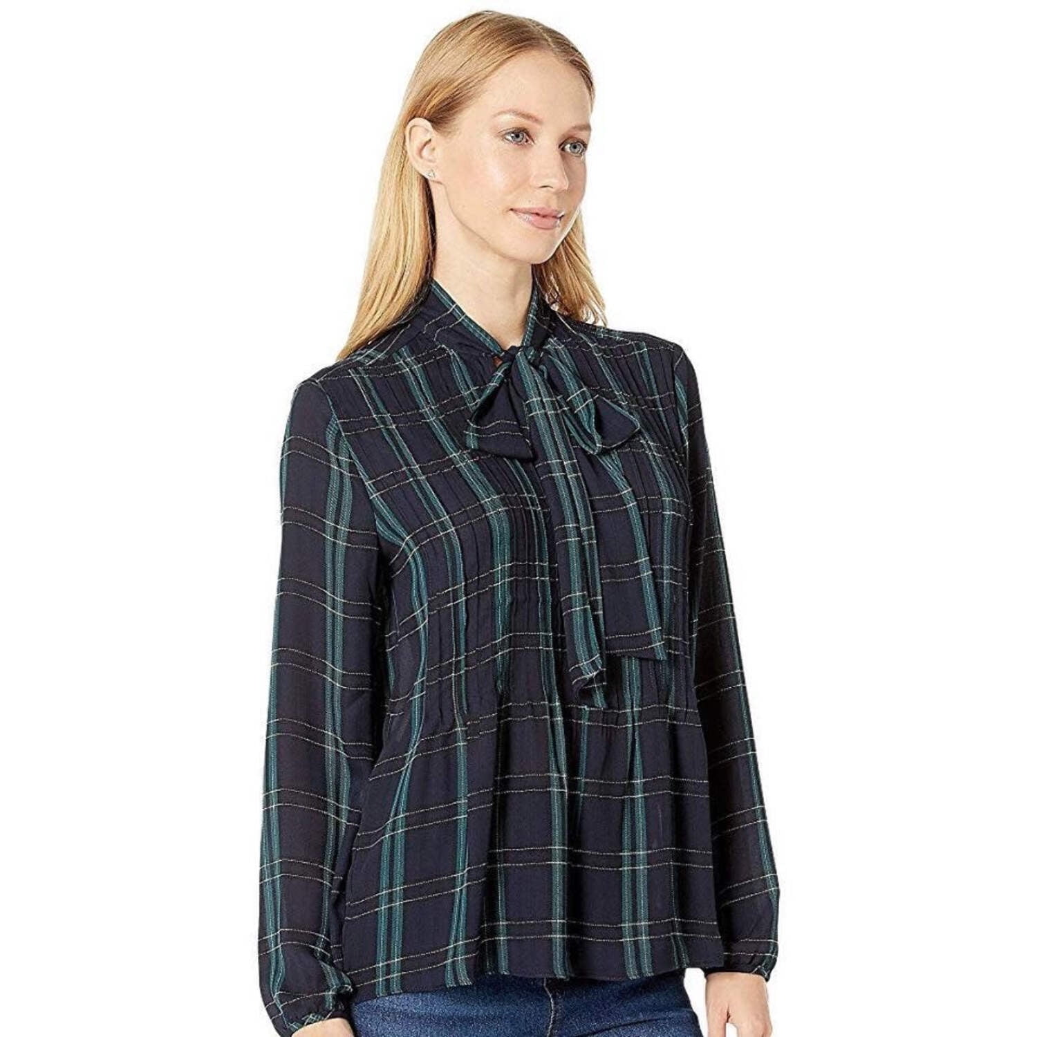 1.State Plaid Georgette Button L/S Tie Nk Pintuck Sleek Plaid Blouse ...