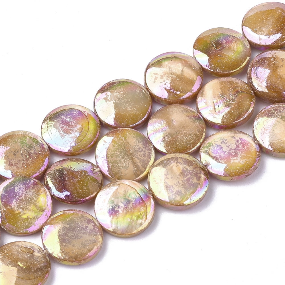 1 Strand Freshwater Shell Beads Strands AB Color Plated Dyed Flat Round ...