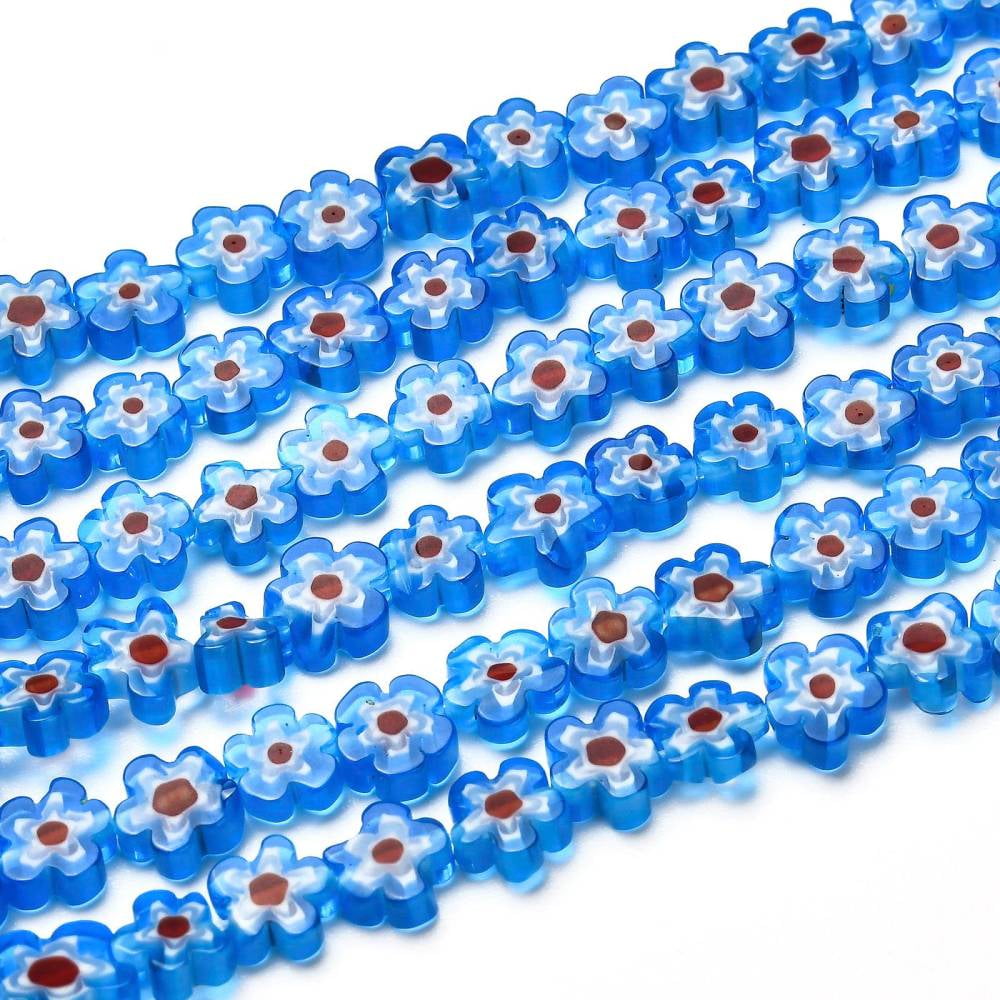 1 Strand Handmade Millefiori Glass Bead Strands Flower Deep Sky Blue 6. ...