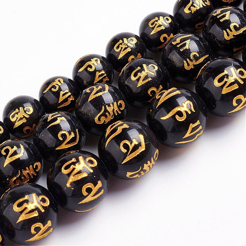 1 Strand Natural Obsidian Beads Strands Round Carved Om Mani Padme Hum ...