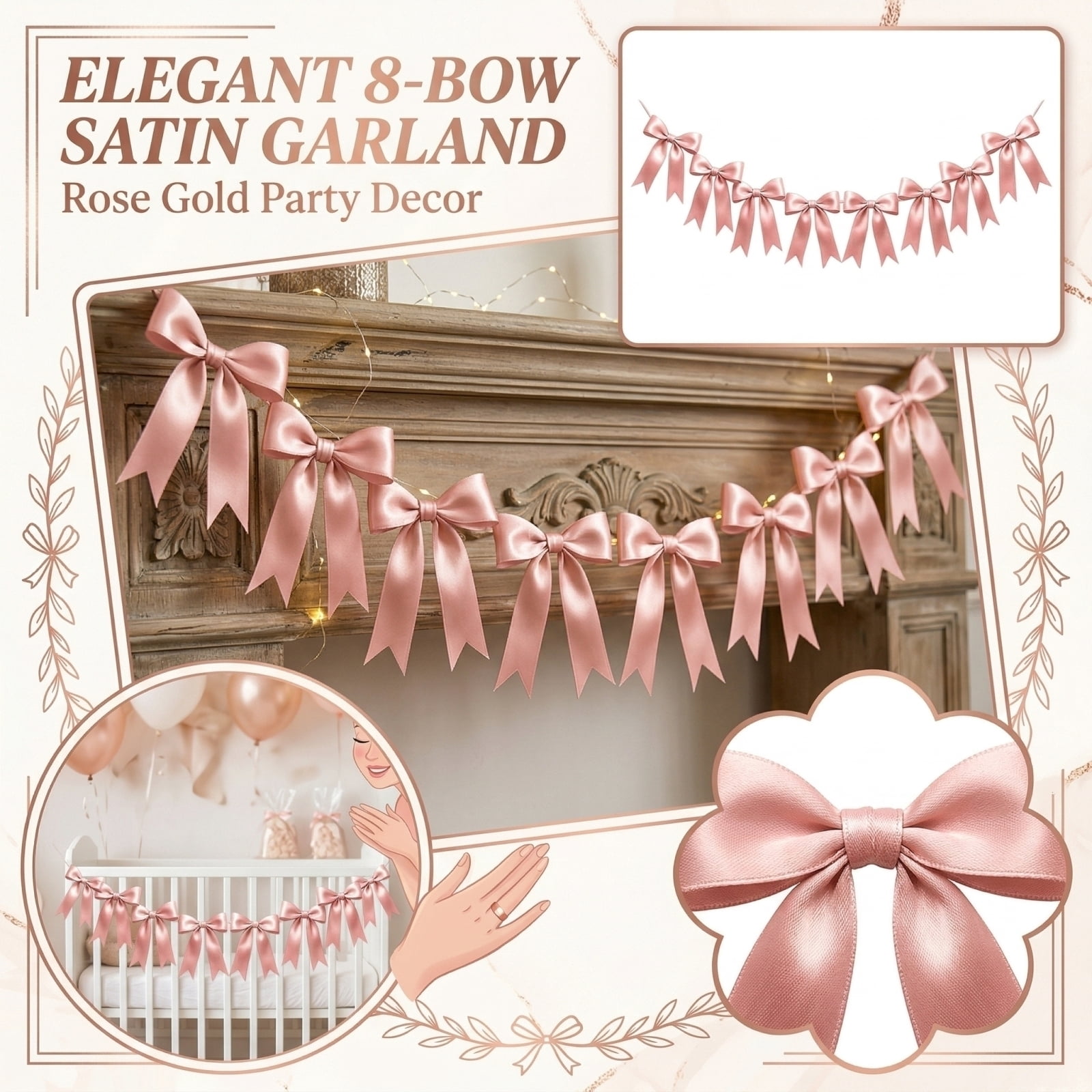 1 String of 8 Bow Garlands Banner Decoration, Fabric Bow Garland for ...