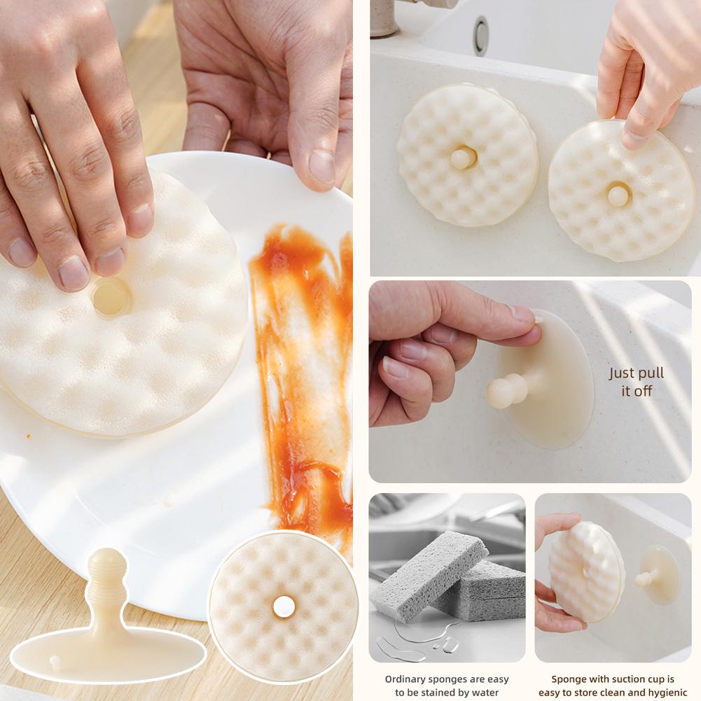1 Suction Cup + 2 Sponges Sponge Kitchen Cleaning And Dishwashing Brush ...
