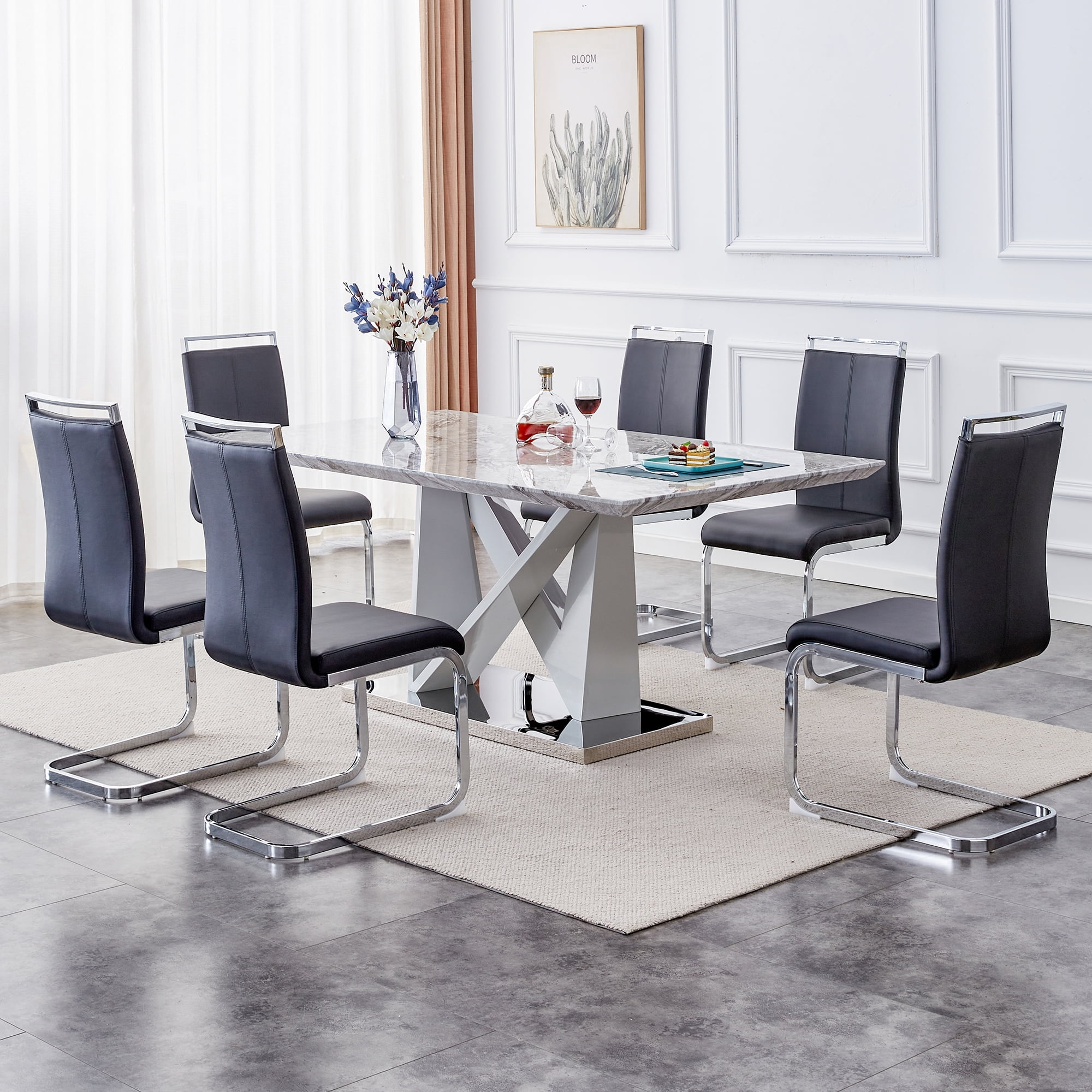 1 Table And 6 Chairs Set.Modern Grey Mdf Faux Marble Dining Table With ...