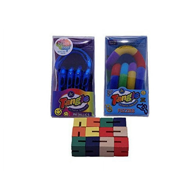 1 Tangle Metallic Jr. 1 Tangle Jr. Fuzzy and 1 Wooden Puzzle Fidget Toy ...