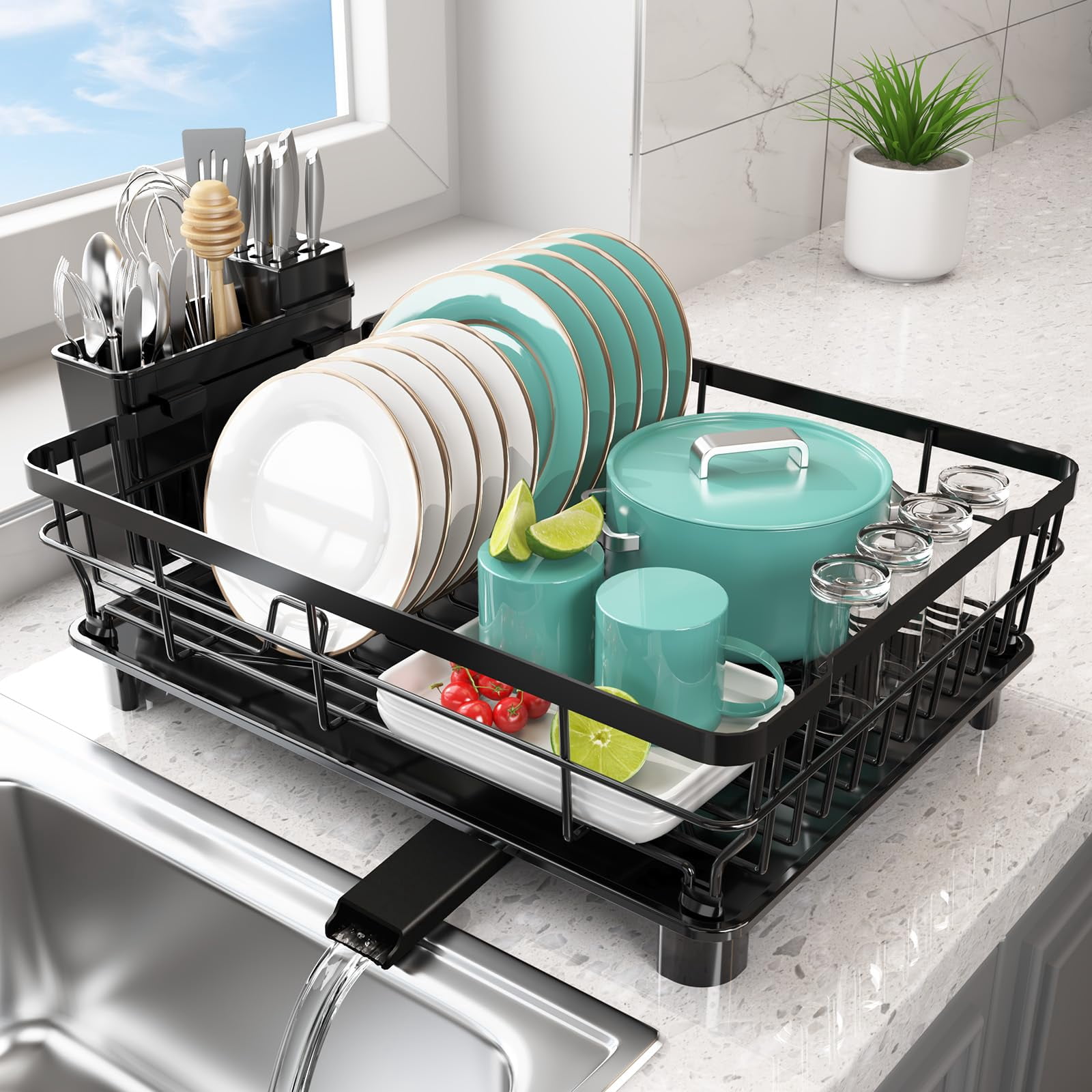 1 Tier-black Dish Drying Rack with Drainboard and Utensil Holder ...