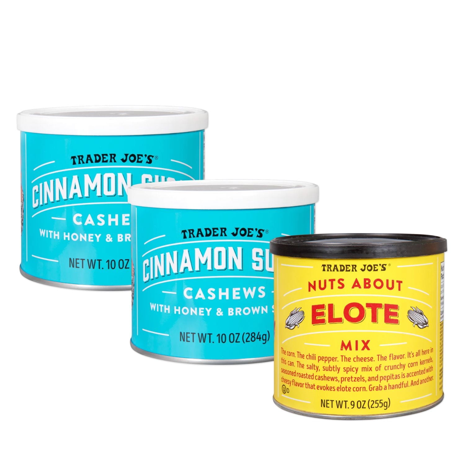 1 Trader Joe's Nuts About Elote Mix 9 oz & 2 Cinnamon Sugar Cashews 10 ...