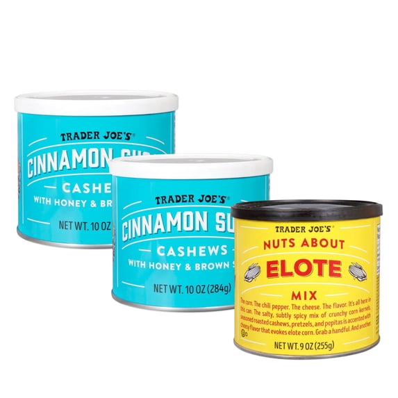 1 Trader Joe's Nuts About Elote Mix 9 oz & 2 Cinnamon Sugar Cashews 10 ...