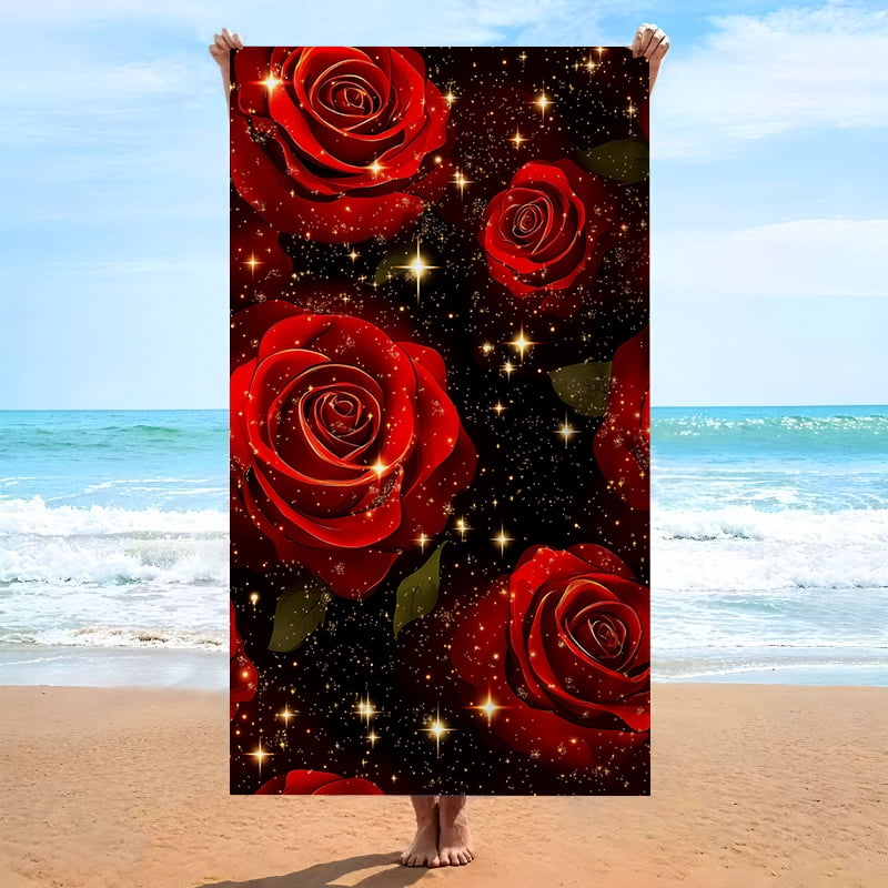 1 Valentine's Day beach towel with red roses and sparkling stars made ...