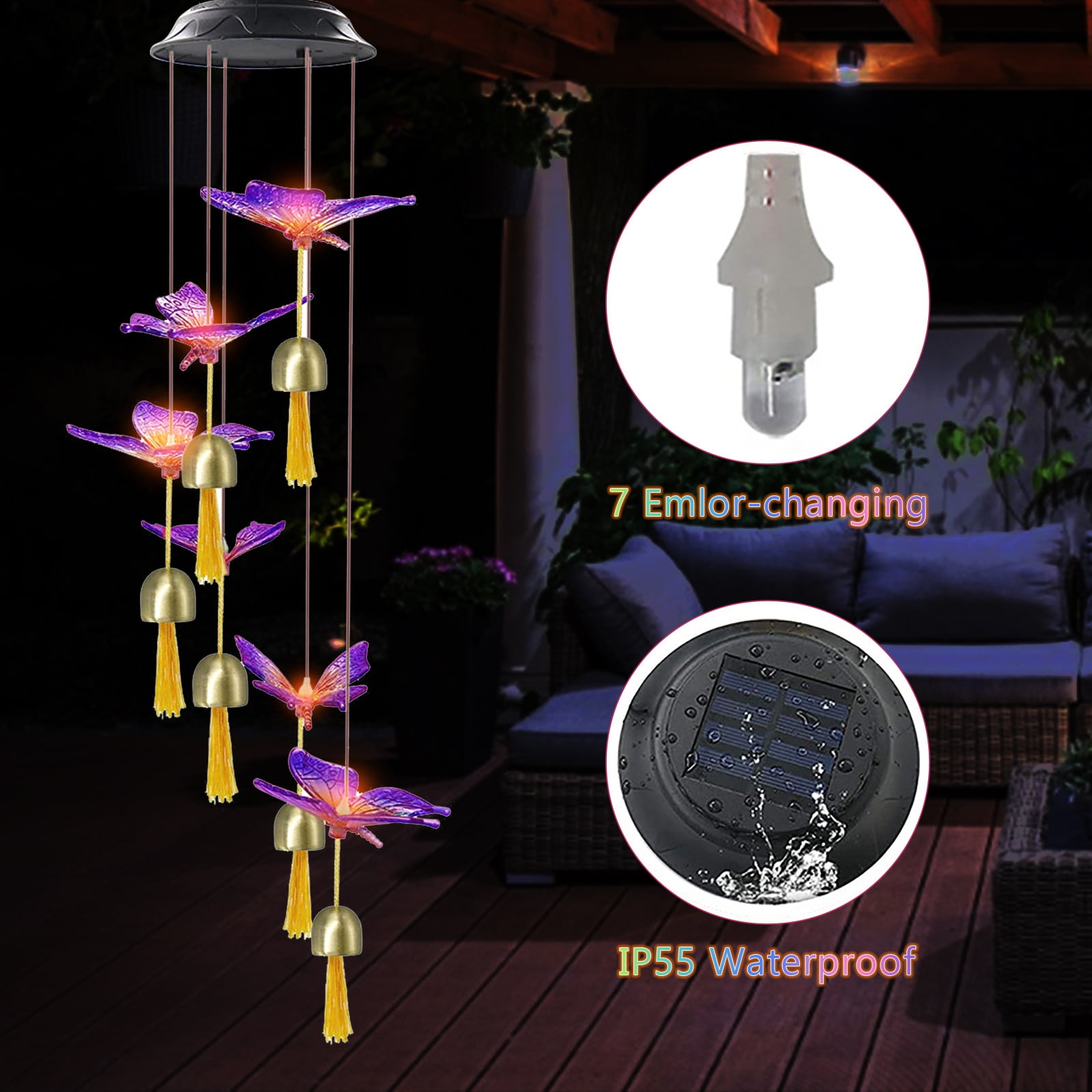 1 Wind Chime Solar Changing Lamp Yard Light LED Decor Wind Chimes Home ...