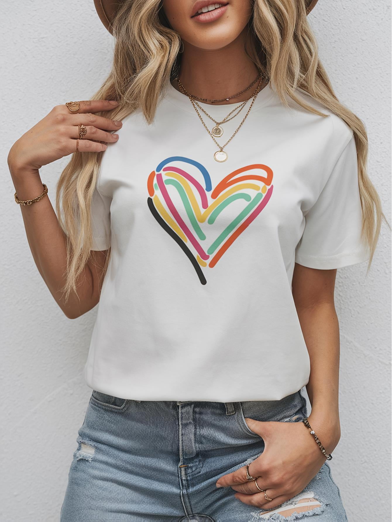 1 Women's "Be Kind" Rainbow Heart Graphic T-Shirt - 100%, Crew Neck, Short Sleeve, Regular Fit ...