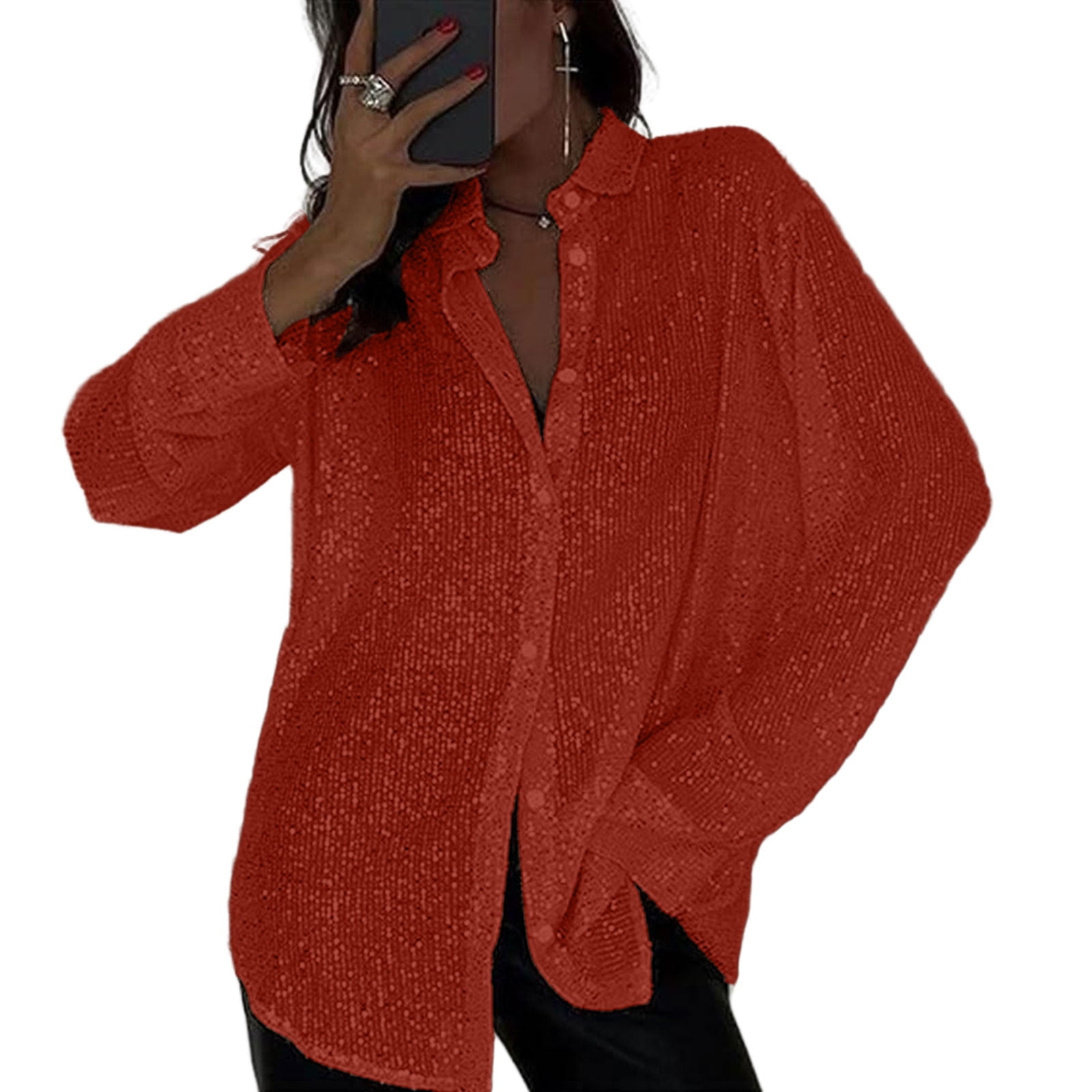 1. Women's Sparkly Long Sleeve Collared Blouse Open Front Loose Shirt ...