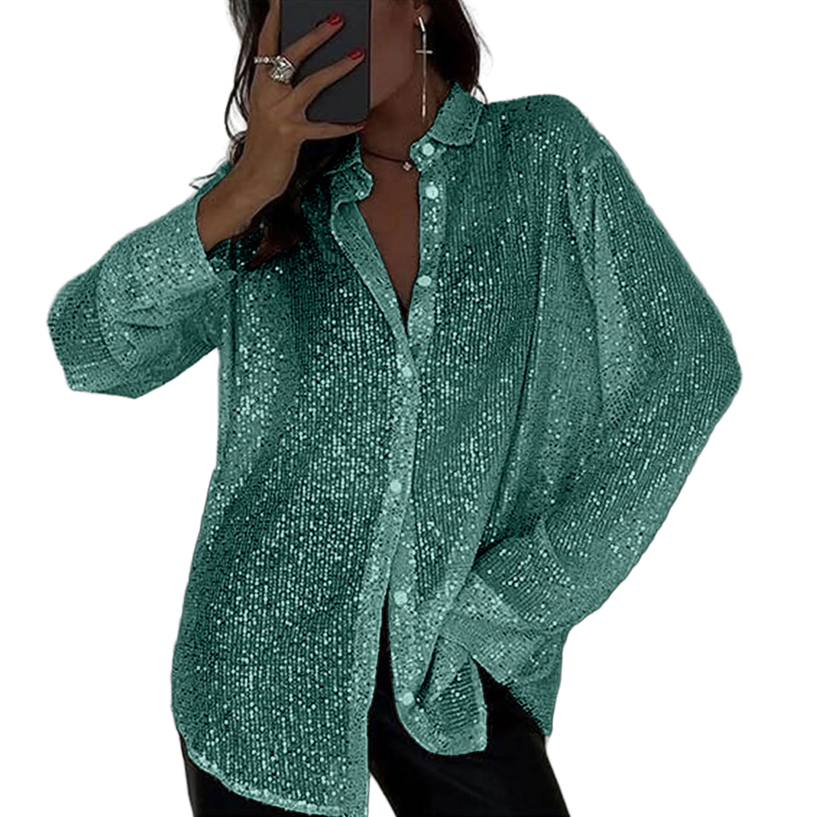 1. Women's Sparkly Long Sleeve Collared Blouse Open Front Loose Shirt ...