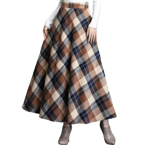 1. Women's Winter Wool Skirt Elastic Waist A-Line Pleated Tartan Long ...