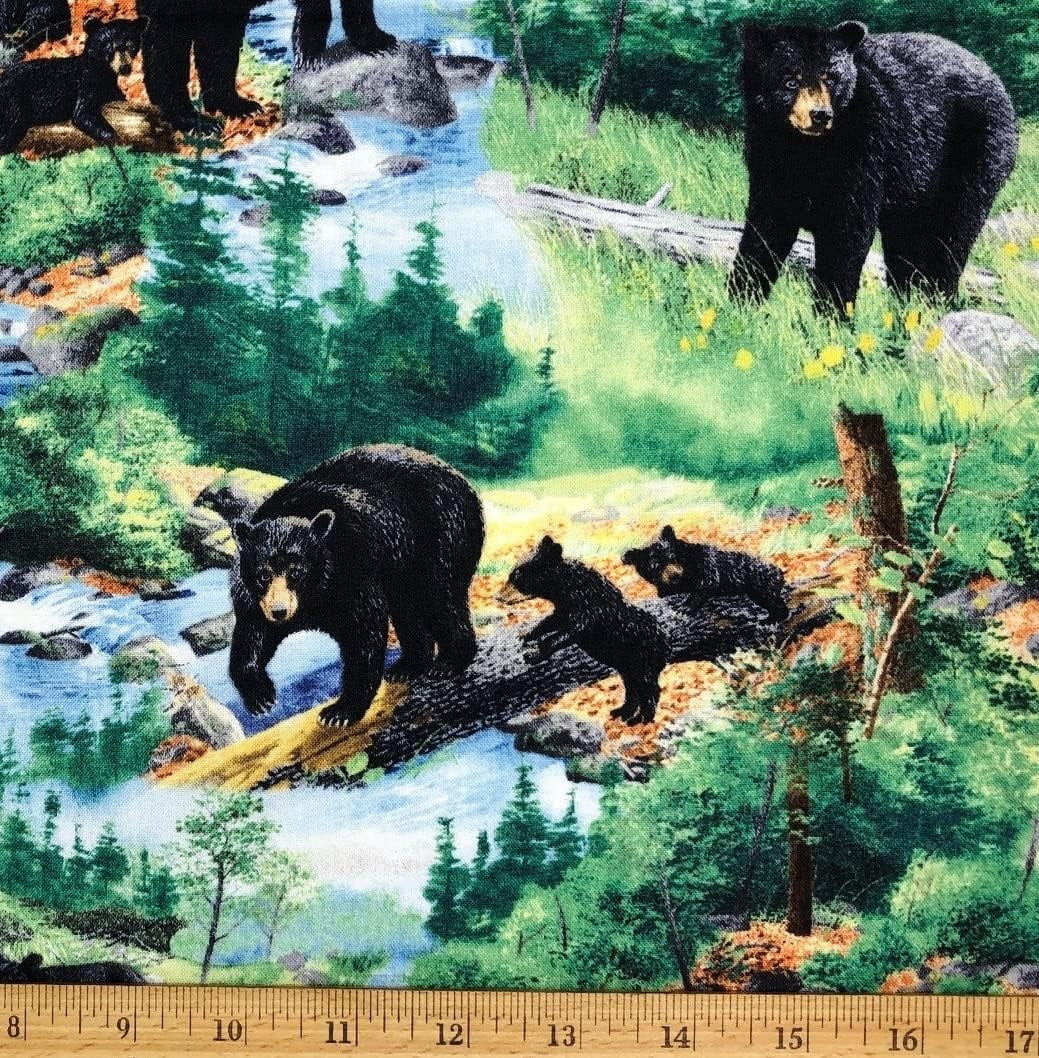 1 Yard - Black Bears & Cubs Scenic Cotton Fabric (Great for Quilting ...
