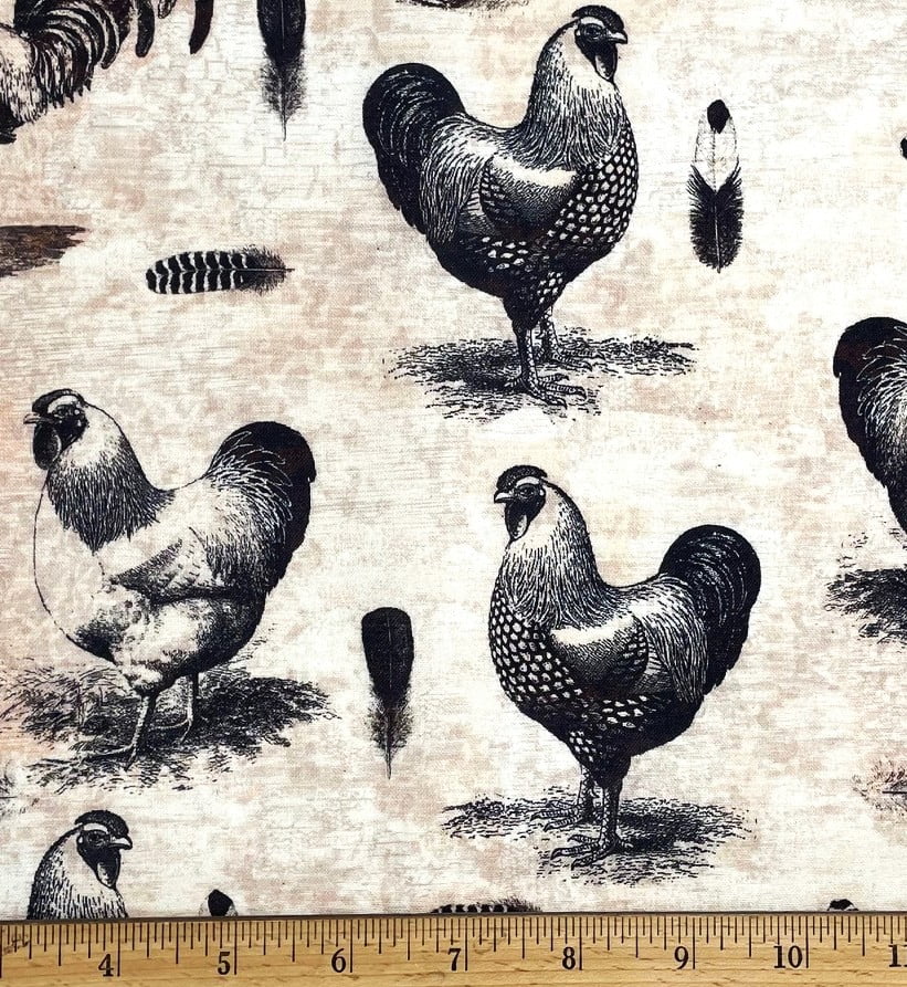 1 Yard - Black Chickens & Roosters on Tan Cotton Fabric (Great for ...
