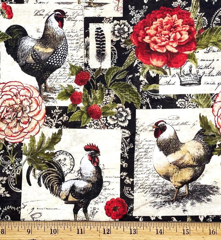 1 Yard - Chickens Roosters & Floral Block Cotton Fabric (Great for ...