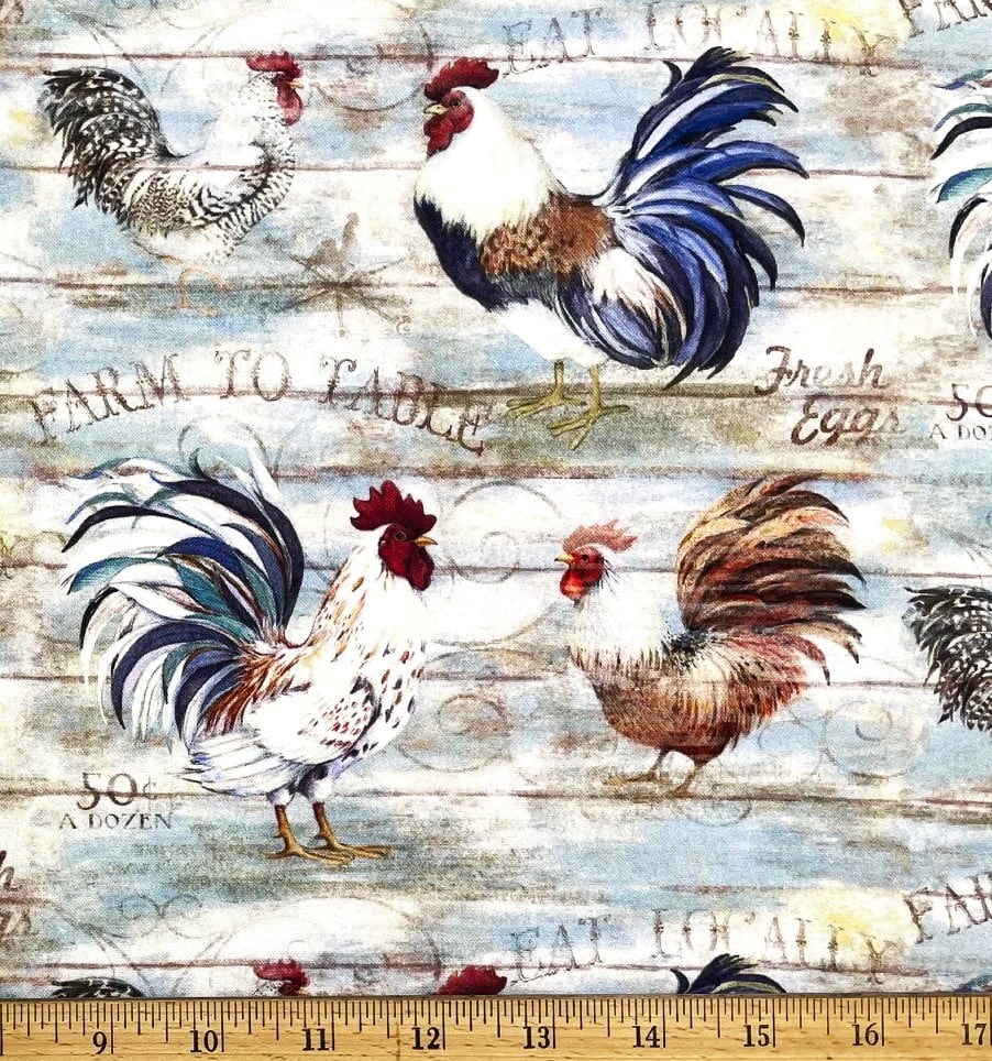 1 Yard - Chickens & Roosters Fresh Eggs Cotton Fabric (Great for ...