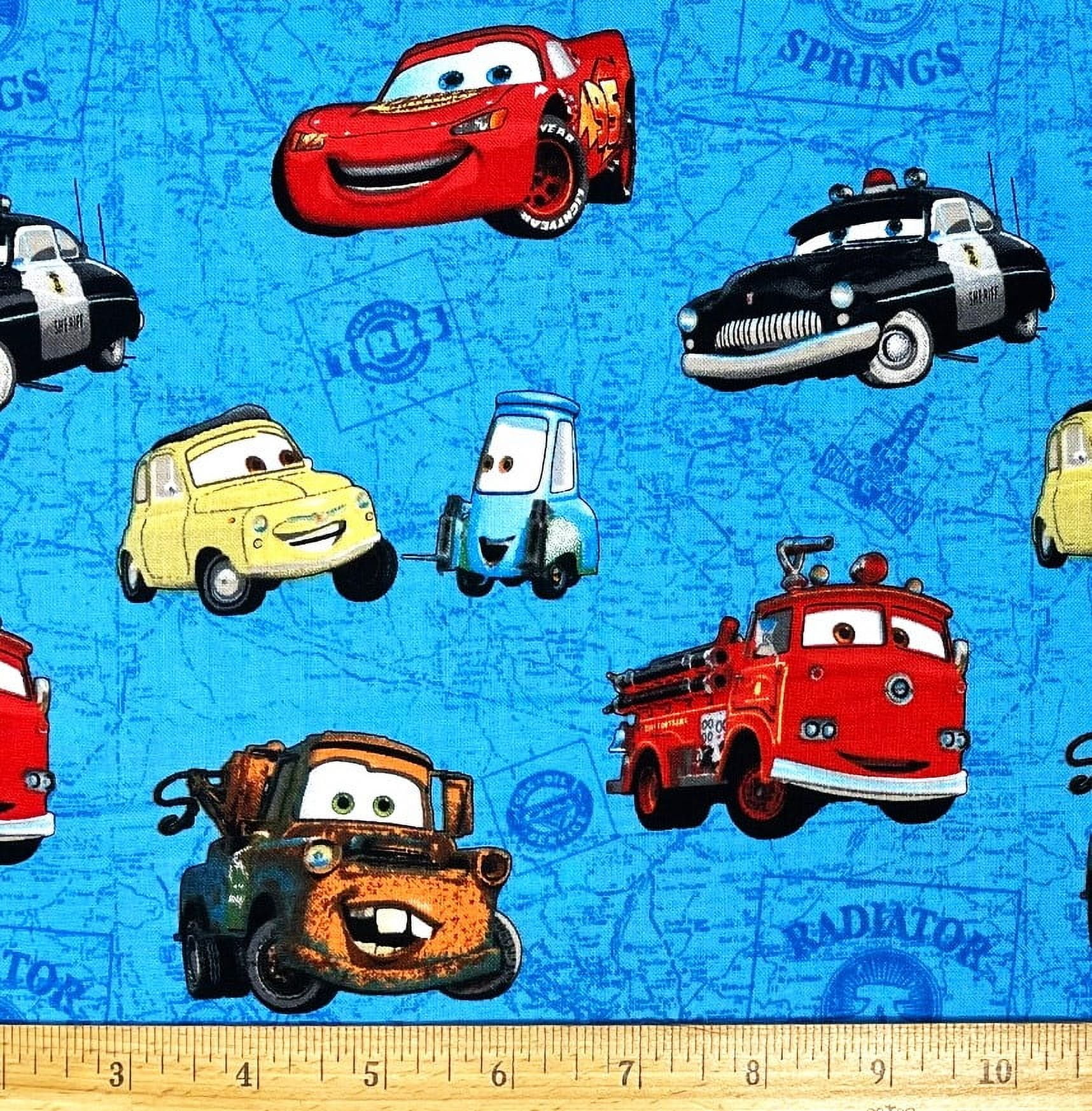 1 Yard - Disney Cars Lightning McQueen Luigi & Mater on Blue Cotton ...