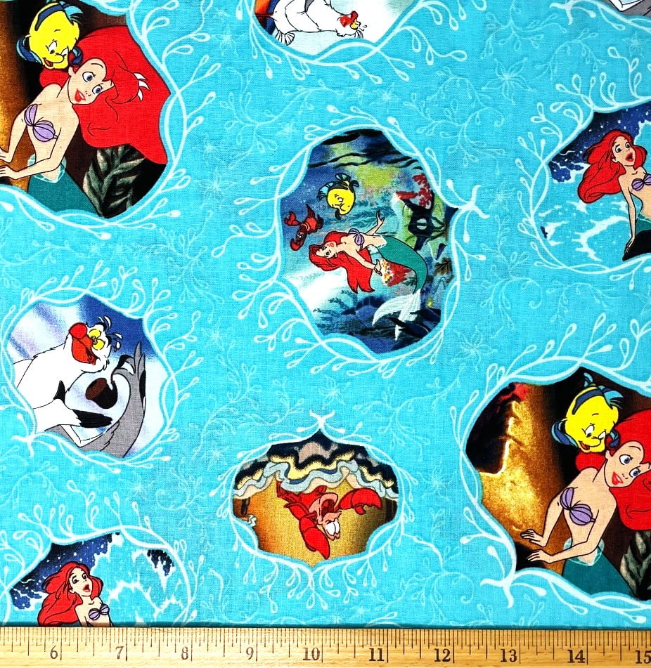 1 Yard - Disney Little Mermaid Princess Ariel Scuttle Flounder on Blue ...
