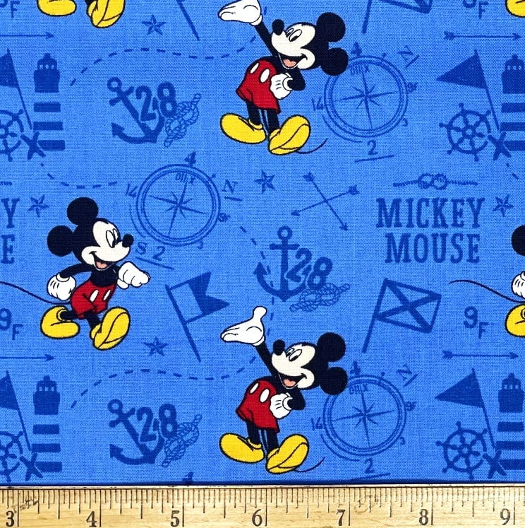 1 Yard - Disney Mickey Mouse Nautical Anchor & Lighthouse on Blue ...