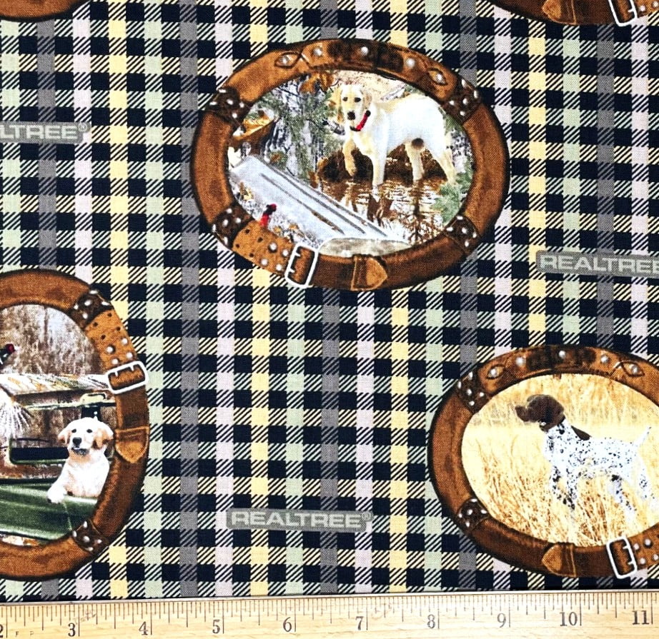 1 Yard - Duck Hunting Dogs Labradors on Gray & Cream Plaid Cotton ...