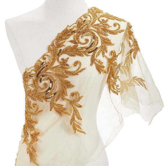 1 Yard Gold Embroidery Flower Patches Sew On Lace Fabric Shiny Sequin ...