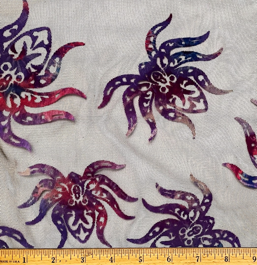 1 Yard - Halloween Flock Tie Dye Spiders on Black Polyester Mesh Fabric ...