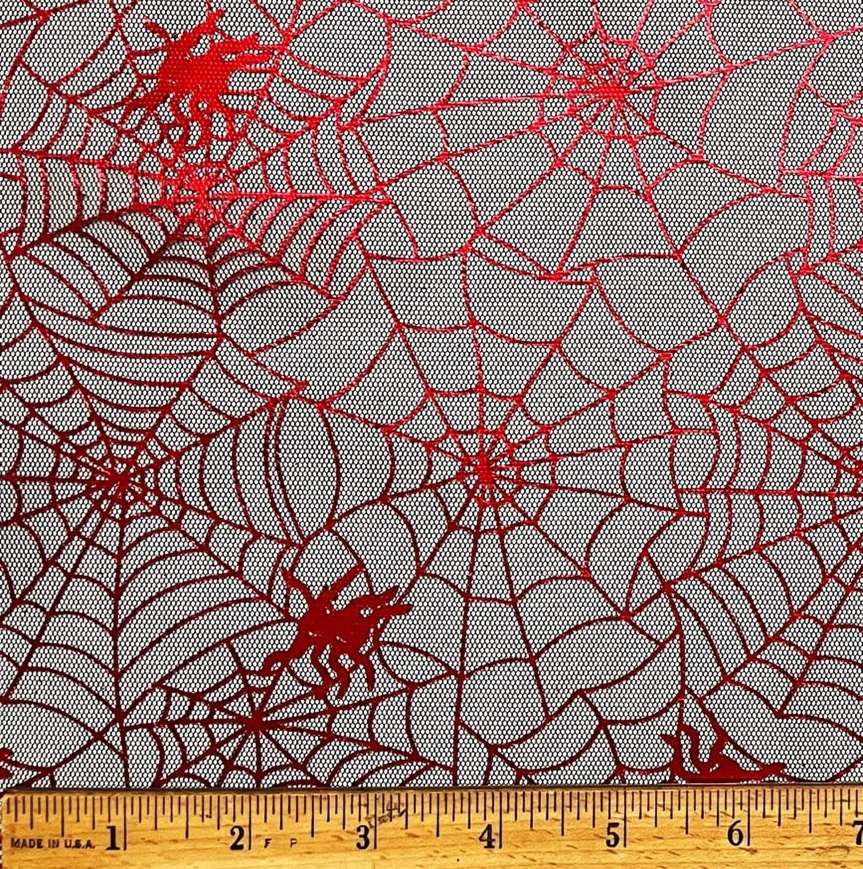 1 Yard - Halloween Red Glitter Spiders Web on Black Polyester Mesh ...