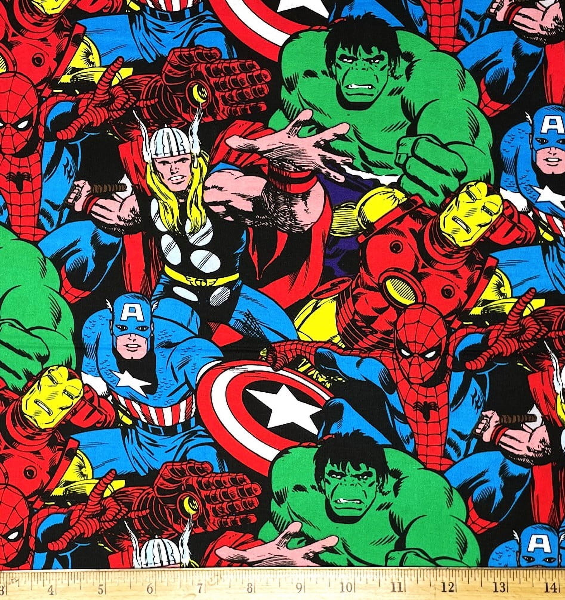 1 Yard - Marvel Hero Comic Collage Cotton Fabric - Hulk Spiderman Thor ...