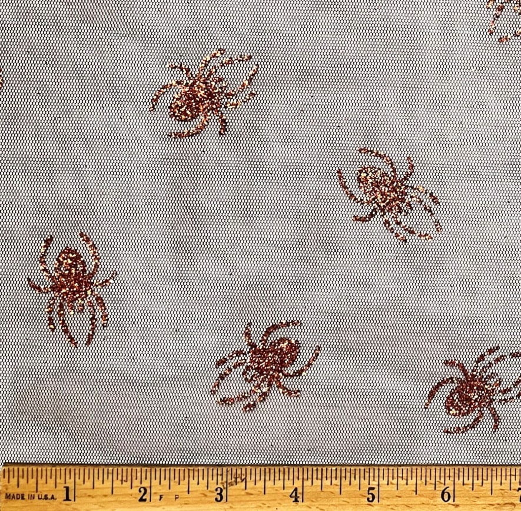 1 Yard - Orange Glitter Spiders on Black Nylon Mesh Netting Fabric ...