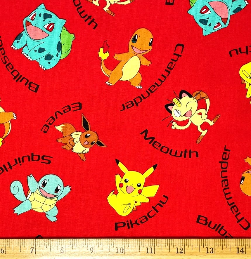 1 Yard - Pokemon Pikachu Squirtle Eevee & More on Red Cotton Fabric ...