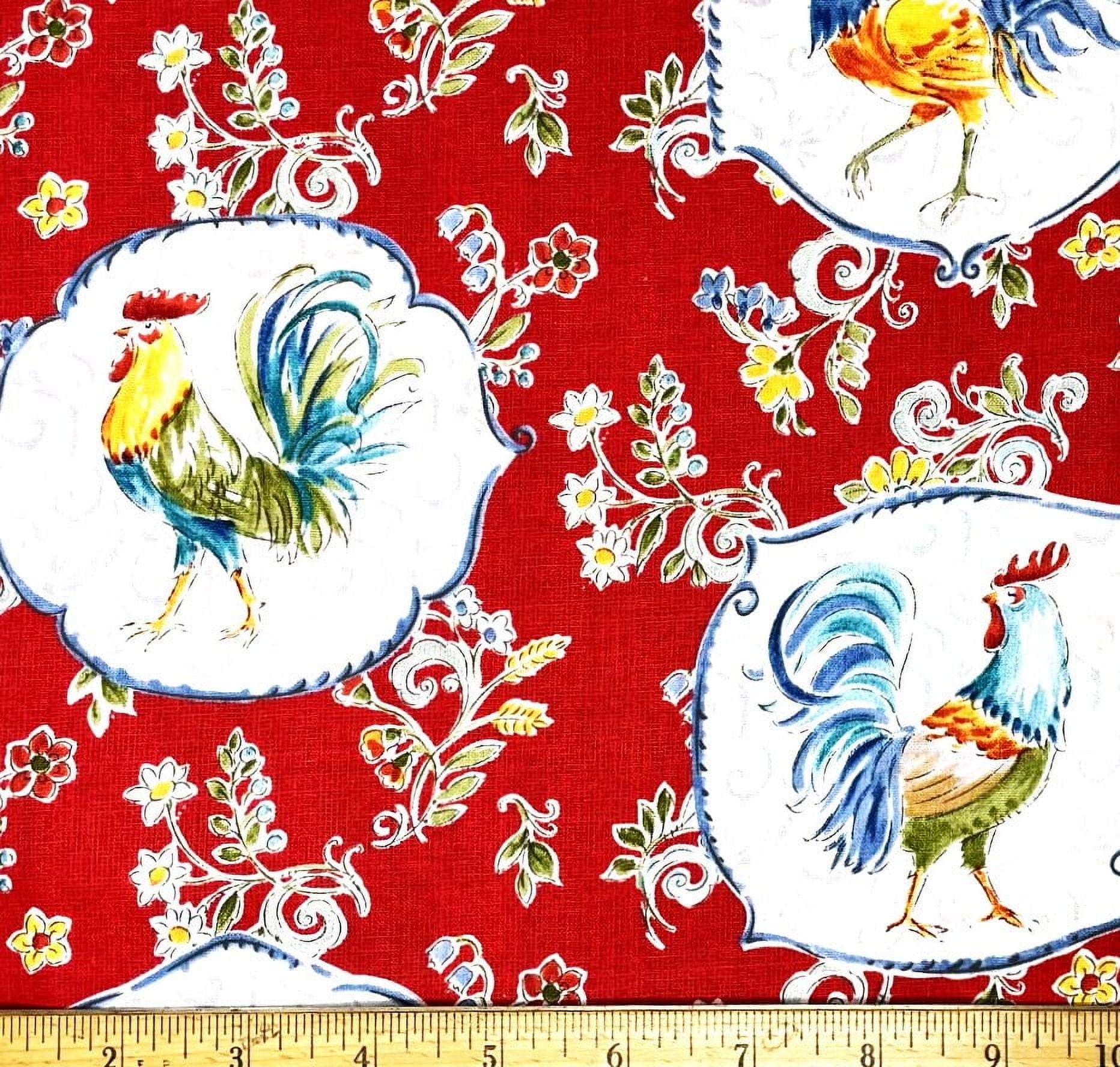 1 Yard - Roosters Chickens & Blooms on Red Cotton Fabric (Great for ...