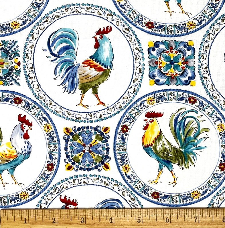 1 Yard - Roosters & Colorful Blooms Chickens on White Cotton Fabric ...