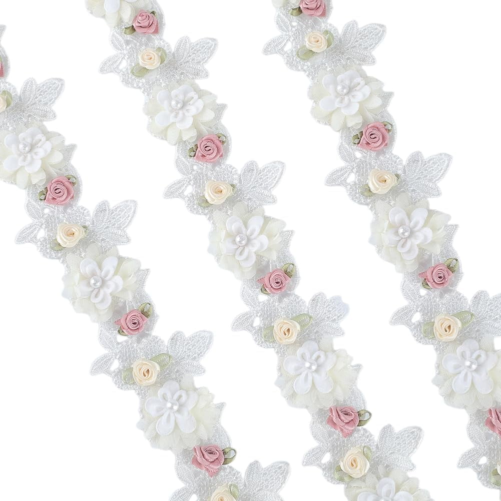 1 Yard White Lace Flower Ribbon Embroidered Silk Ribbon Rose Floral ...