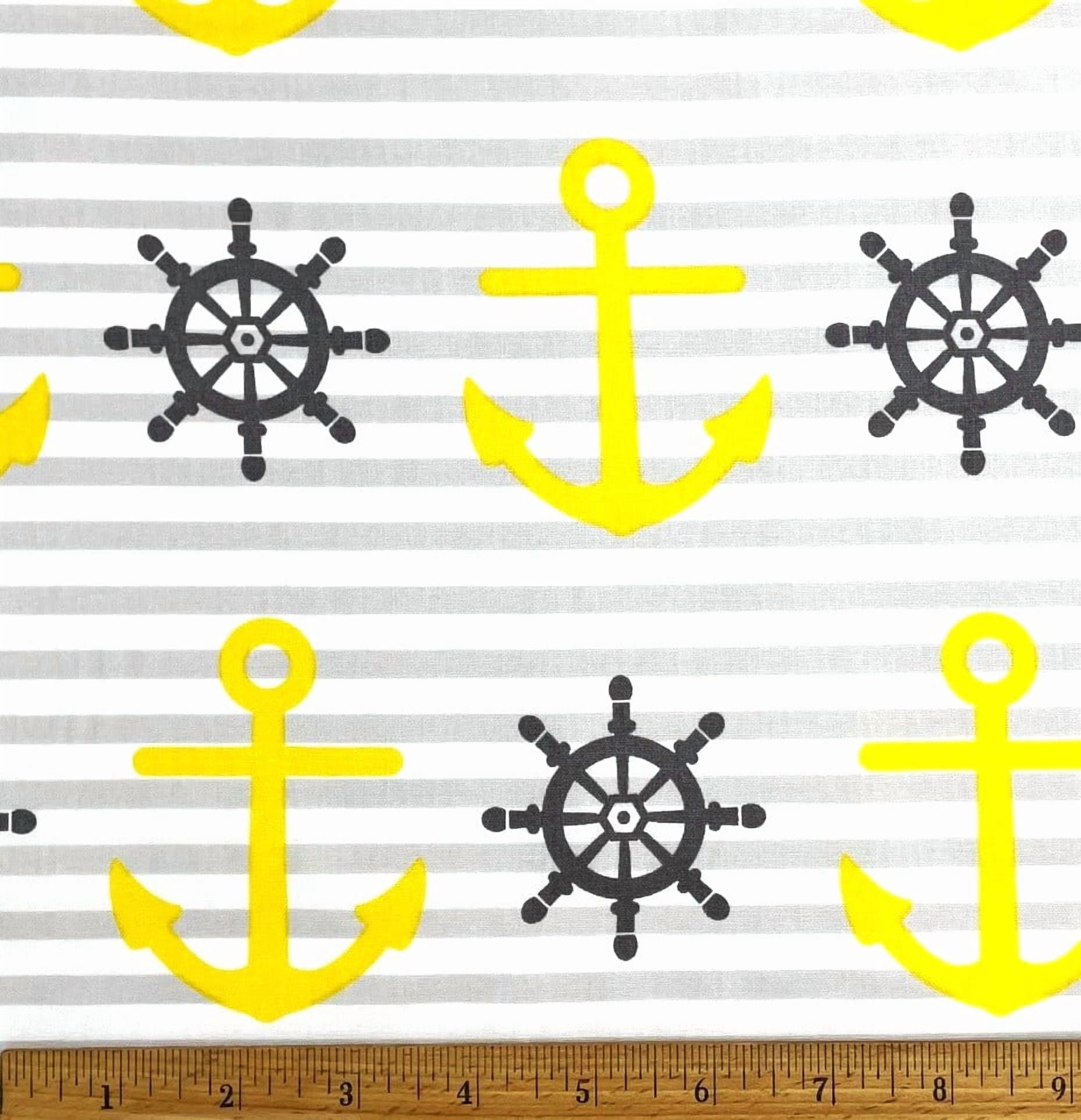 1 Yard - Yellow Anchors & Brown Ship Wheels Nautical Stripe Screen ...