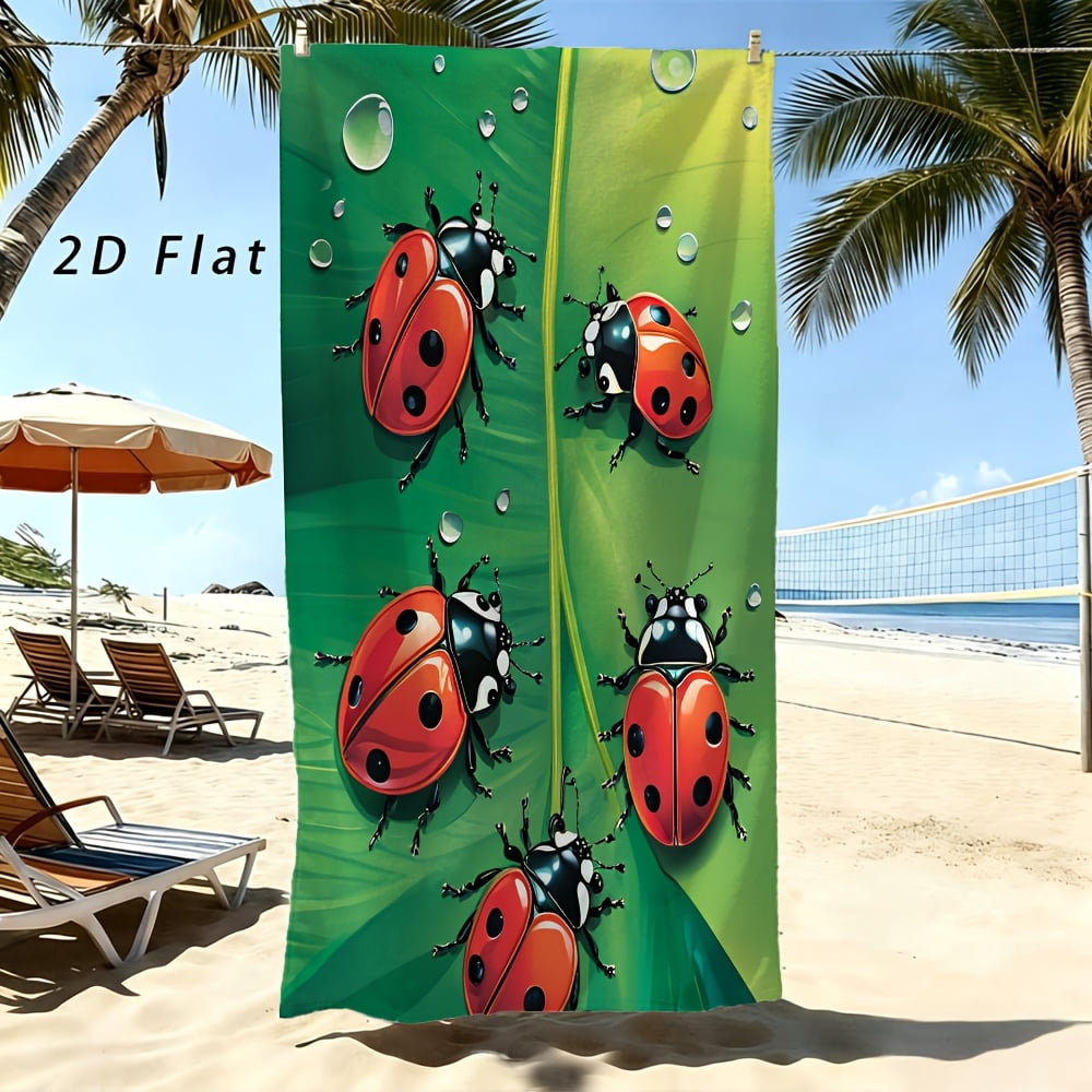 1 beach towel with red ladybug print on green leaves, natural insect ...
