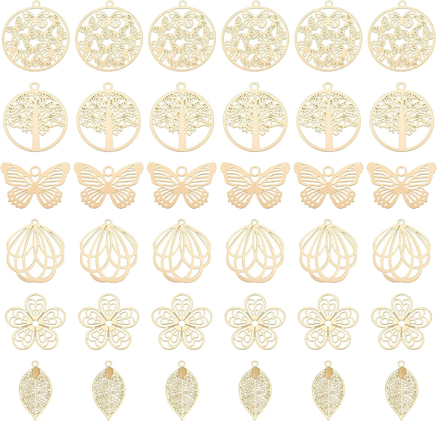 1 box 36pcs 6 style golden Botanical Themed Pendant Stainless Steel ...