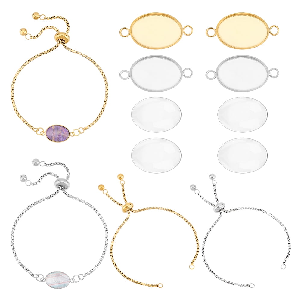 1 box 8 sets 2 colors Stainless Steel DIY Blank Oval Link Bracelet Making Kit Adjustable Slider ...