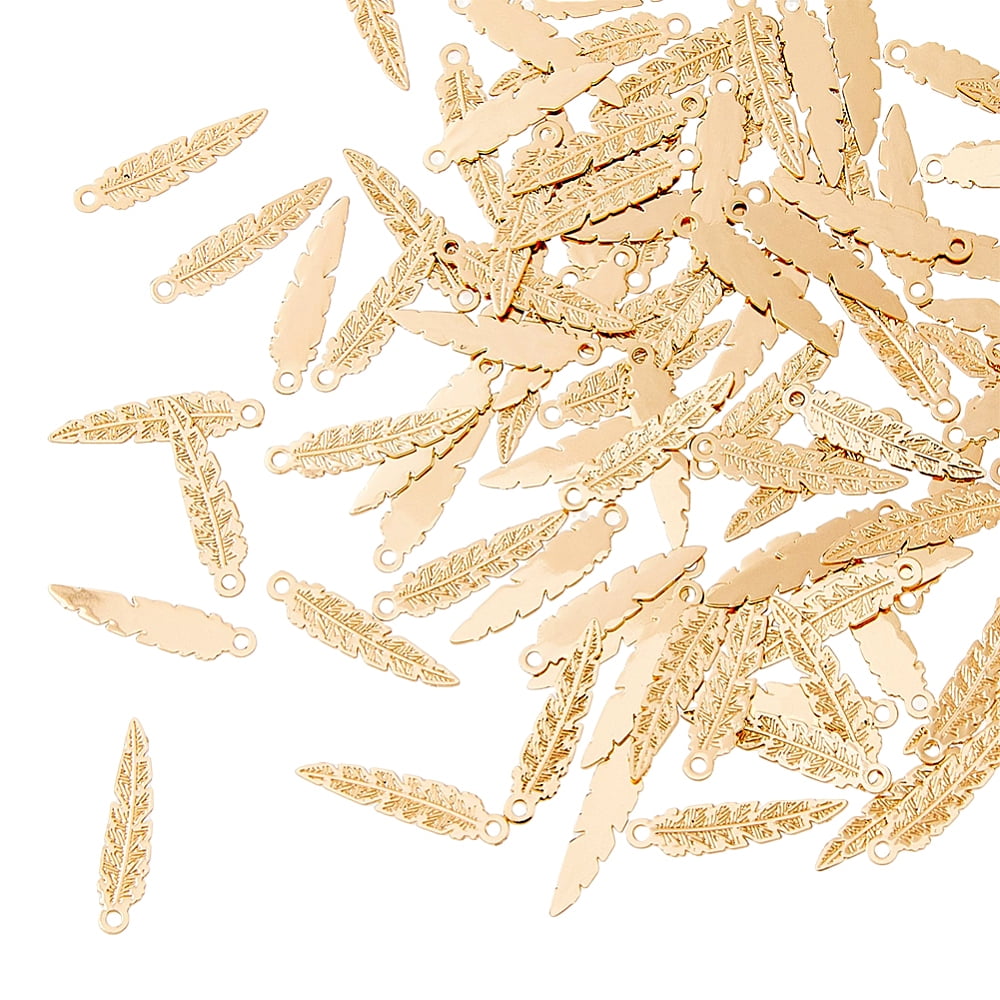 1 box Brass Pendants Etched Metal Embellishments Feather Light golden ...