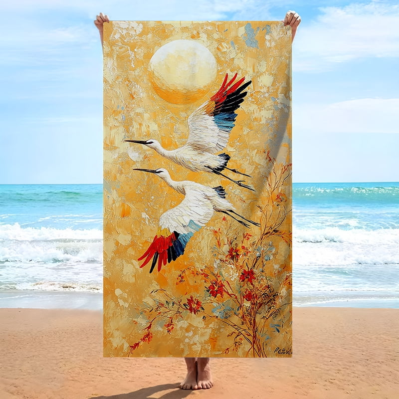 1 crane pattern beach towel, oil painting style artwork, double crane ...