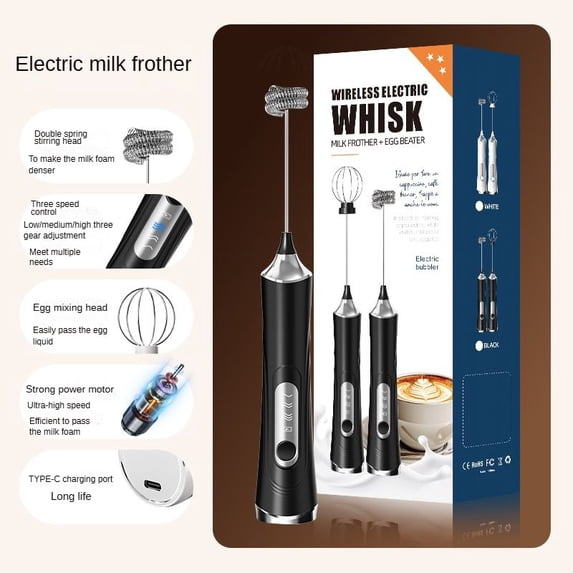 1 electric milk frother, dual stick rechargeable 3-speed handheld egg ...