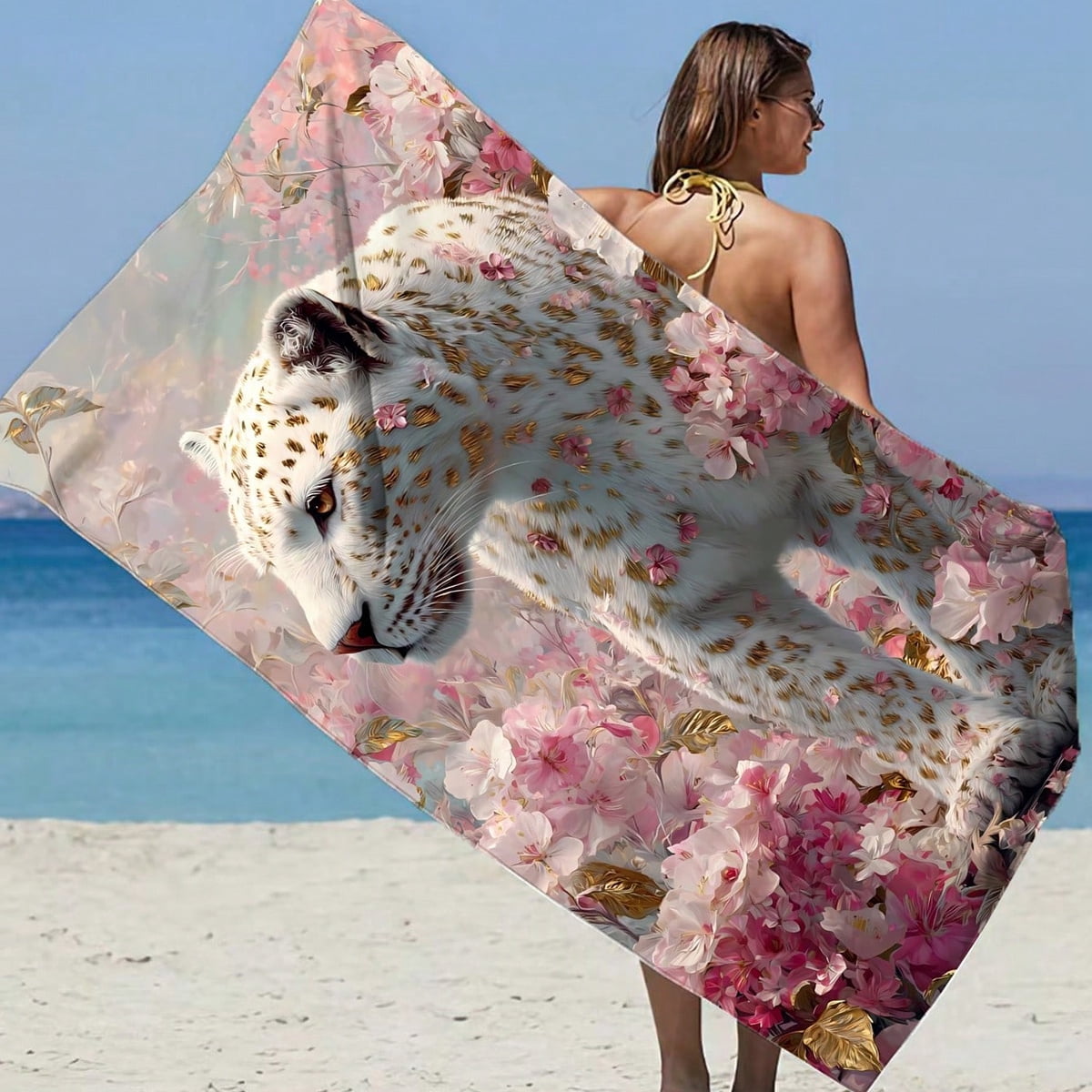 1 fashionable pink beach towel, leopard print white tiger pattern ...