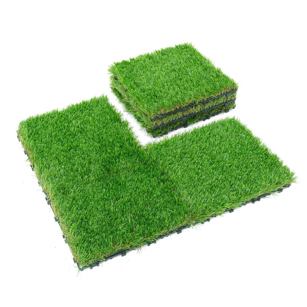 1 ft. x 1 ft. Green Artificial Grass Turf Tiles, Self-Draining ...