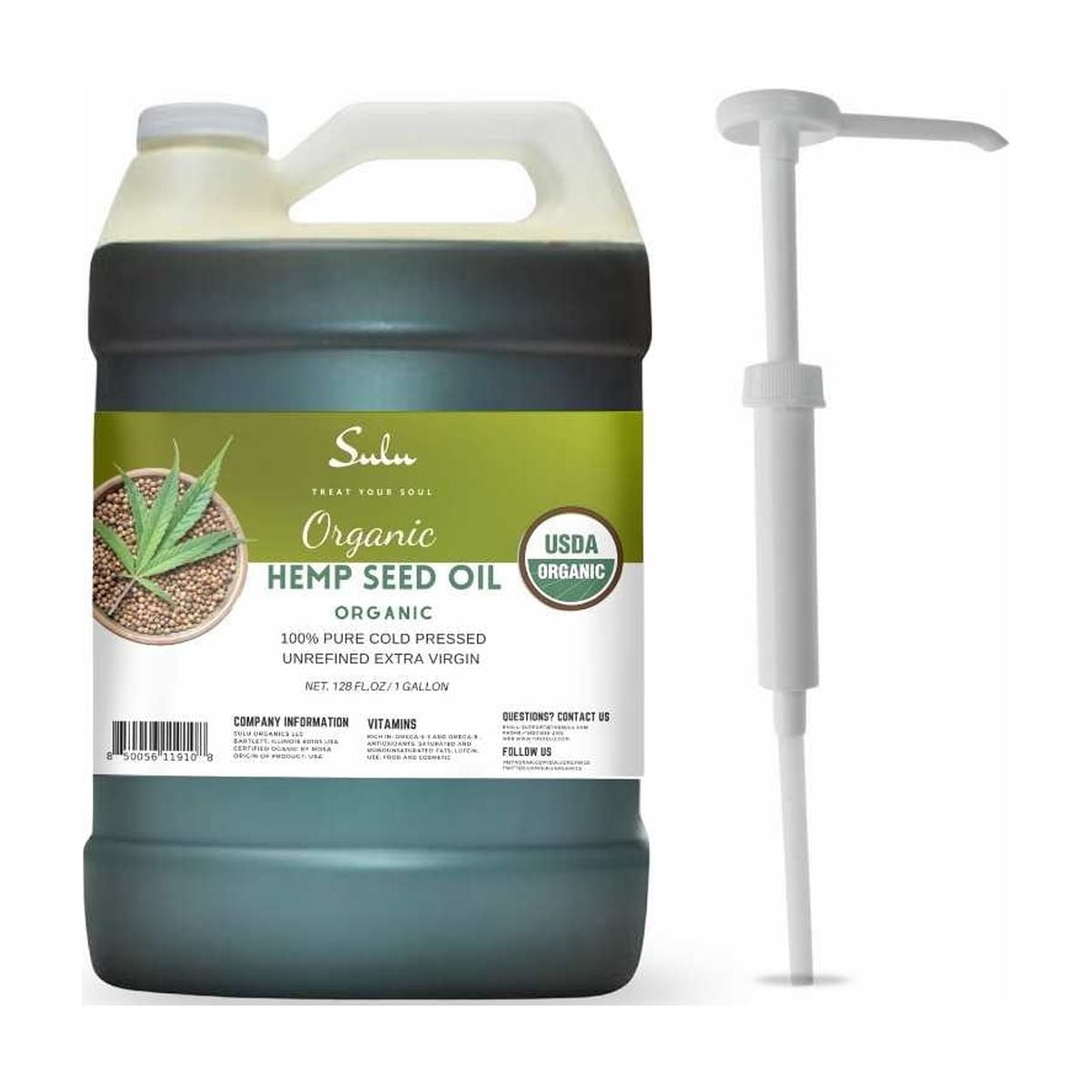 SULU ORGANICS, 1 Gallon Cold Pressed Hemp Seed Oil, Unrefined, USDA ...