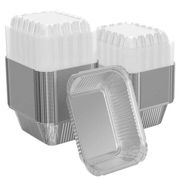 1 lb (Pack of 100) Tin Pans with Plastic Lids Rectangular Disposable ...