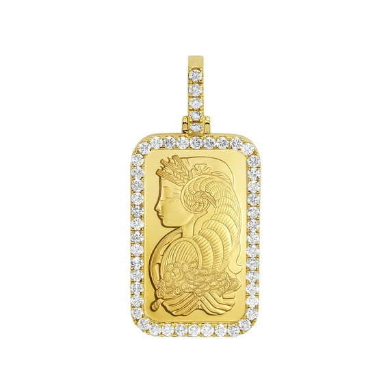 1 oz 24K Yellow Gold Fortuna Bar Frame Diamond Pendant 4.25 Ct ...