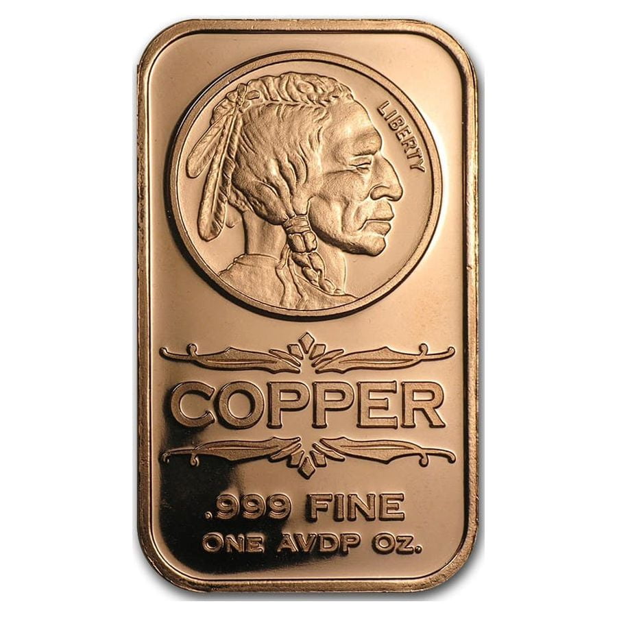 1 oz Copper Bar, Indian Head, Buffalo Nickel Design, .999 Fine Copper ...