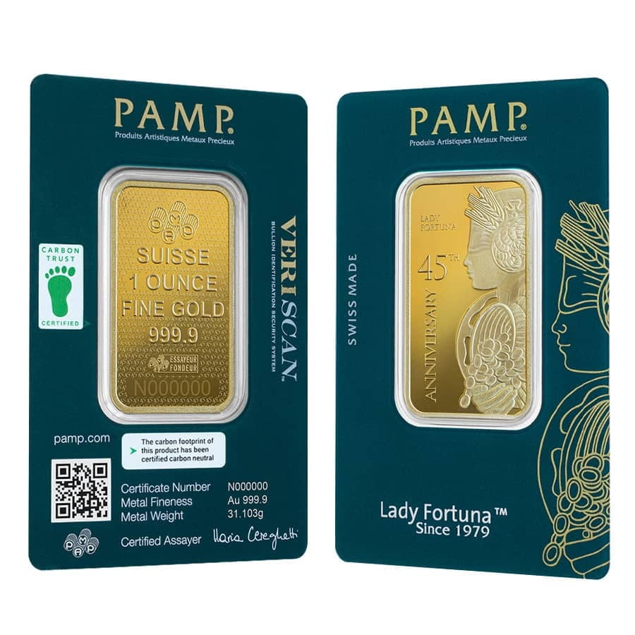 1 oz .9999 Fine Gold Bar by PAMP Suisse Lady Fortuna 45th Anniversary Edition (New in Assay ...